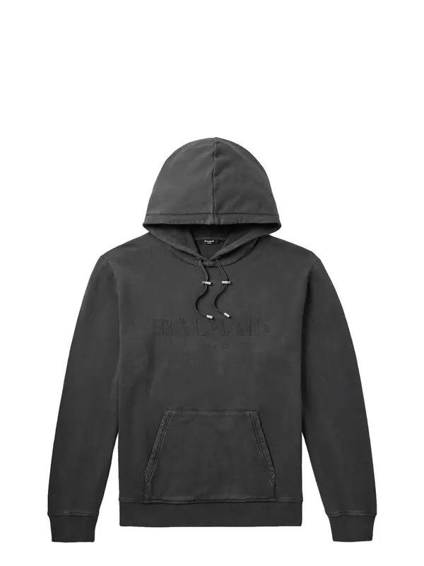 Balmain Logo-embroidered Cotton-jersey Hoodie - Gray