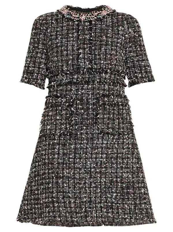Rickie Freeman For Teri Jon Crystal-trim Fringed Tweed A-line Dress - Black Mult