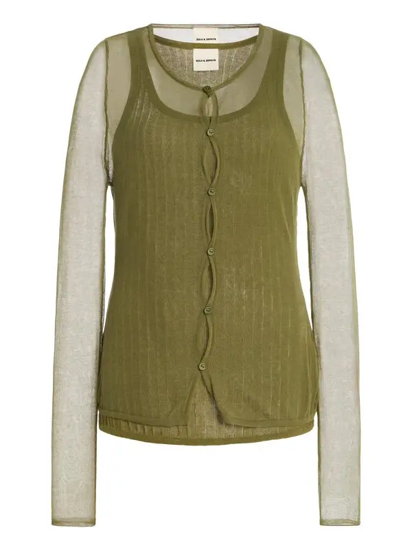ZULU & ZEPHYR Sheer-knit Cardigan Set - Olive