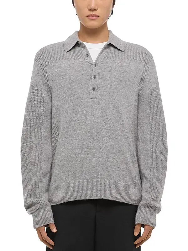 Helmut Lang Relaxed Fit Block Knit Wool Polo Sweater - Gray Melange
