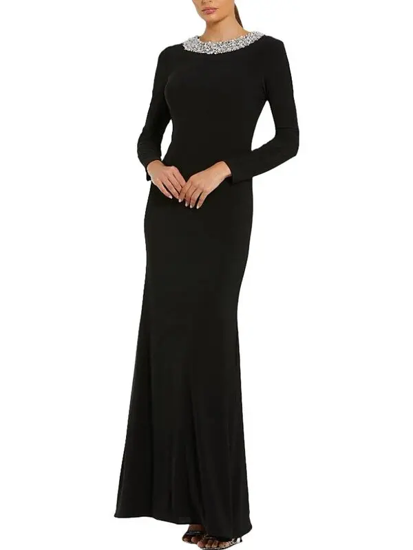 Mac Duggal Jersey Fitted Gown With Beaded Neck - Black