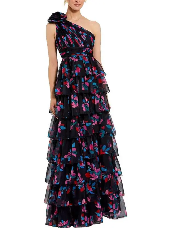 Mac Duggal One Shoulder Printed Chiffon Tiered Ruffle Gown - Black Multi