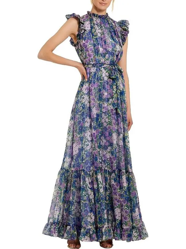 Mac Duggal Printed Chiffon Ruffle Sleeve Gown - Lilac Multi