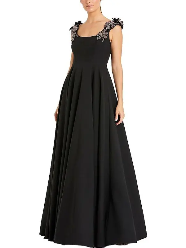 Mac Duggal Crepe Sleeveless Rhinestone Floral Ballgown - Black