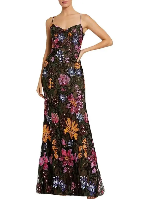 Mac Duggal Spaghetti Strap Floral Embroidered Gown - Black Multi