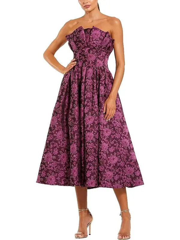 Mac Duggal Strapless Floral Brocade A-line Midi Dress - Magenta Multi