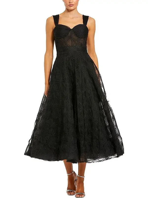 Mac Duggal Sleeveless A-line Floral Tulle Midi Dress - Black