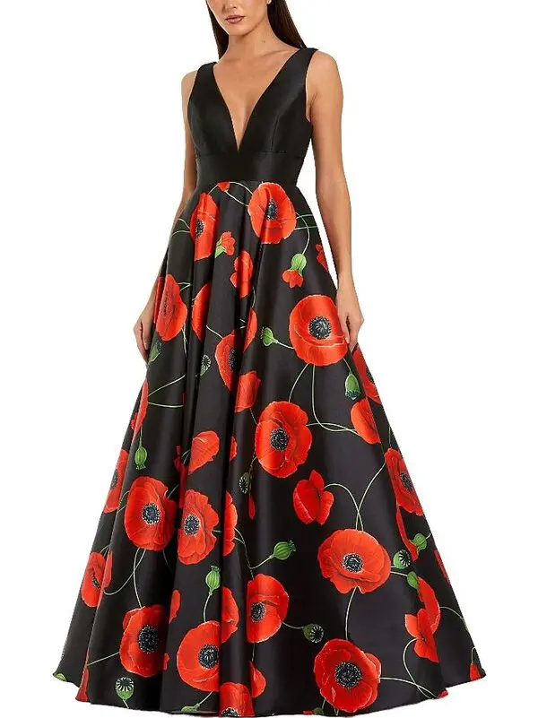 Mac Duggal Plunge Neck Floral Ballgown - Poppy Multi
