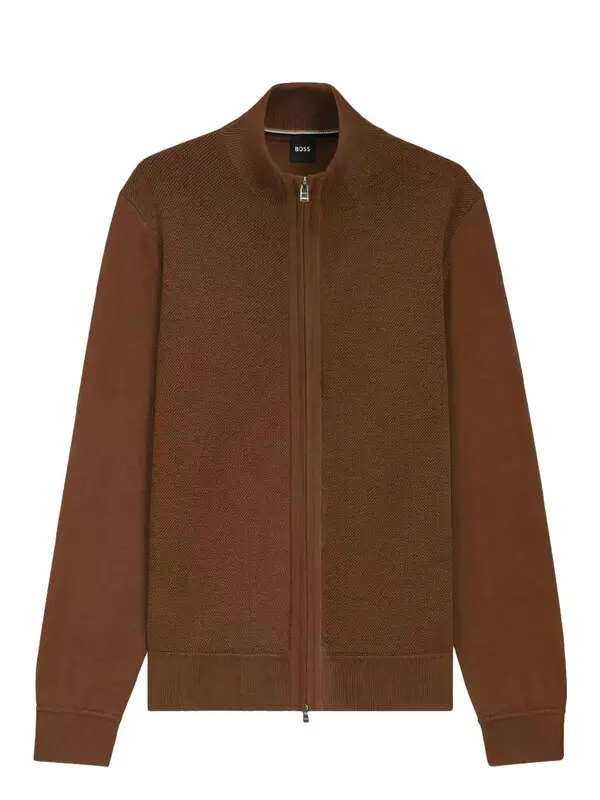 BOSS Textured Knit Zip-up Cardigan - Brown