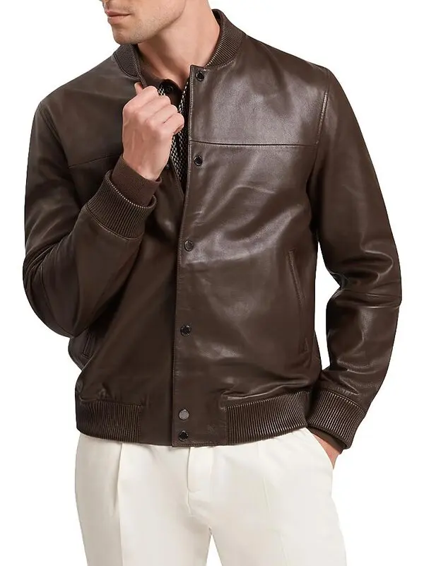 Ted Baker London Leeams Leather Classic Bomber Jacket - Dark Brown