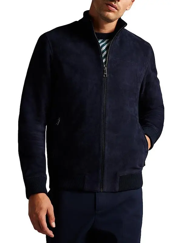 Ted Baker London Suede Funnel Neck Bomber Jacket - Navy