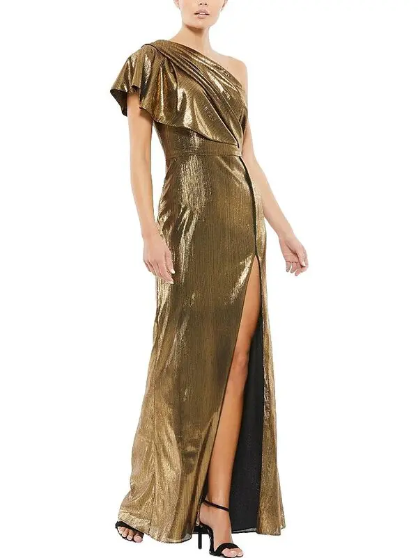 Mac Duggal Ruffled One Shoulder Metallic Gown - Bronze
