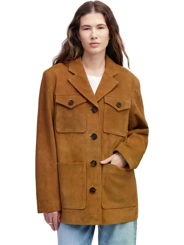 Madewell Long Suede Chore Blazer - Aged Cognac