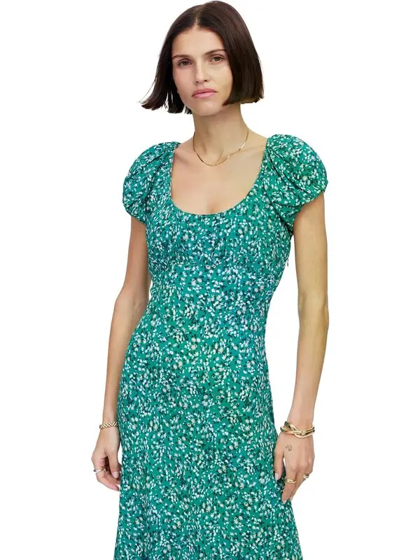 Madewell Ruched Scoopneck Midi Dress In Floral - Meadow Ditsy Kelly Green
