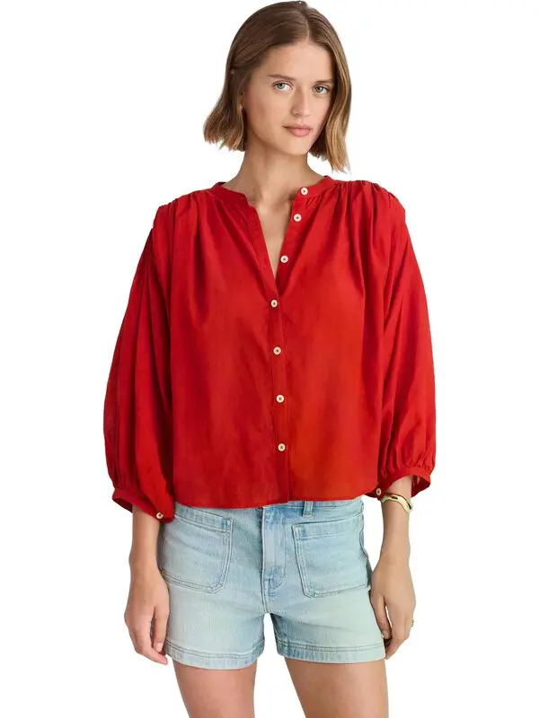 Madewell Shirred Crewneck Button-up Top - Cherry Red