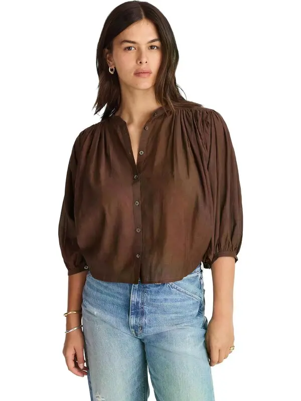 Madewell Shirred Crewneck Button-up Top - Roasted Chicory