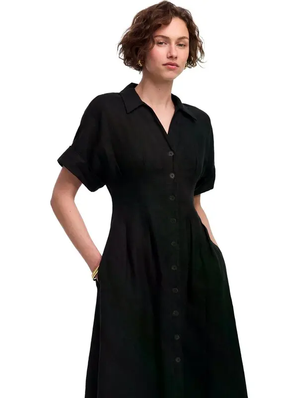 Madewell Linen Pleated Midi Shirtdress - Jet Black