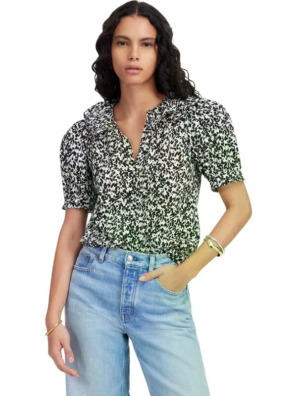 Madewell Floral Ruffled Button-front Top - Abstract Leaf Black Ivory
