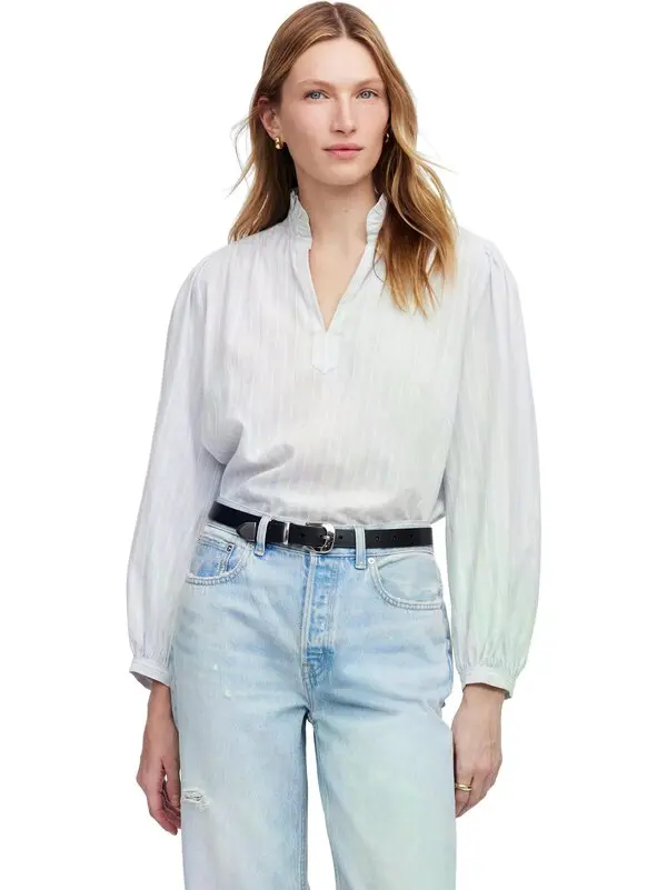 Madewell Ruffled Popover Top In Stripe - Blue White Lino Dobby