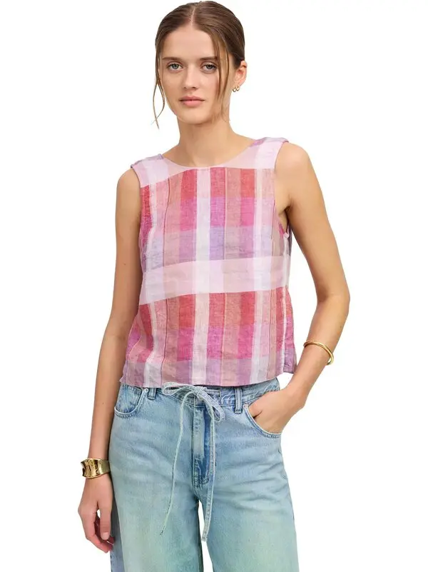 Madewell Plaid Tie-back Linen Tank - Pink Plaid