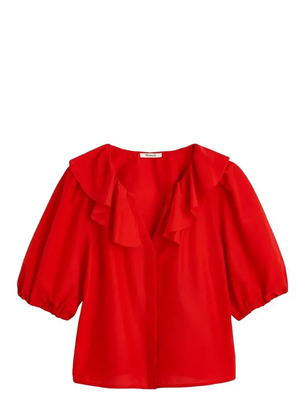 Madewell Ruffled Y-neck Top In Cotton-silk Blend - Festival Red