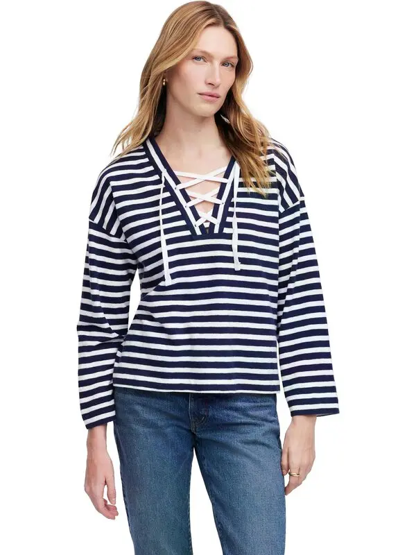 Madewell Lace-up Striped Long-sleeve Tee - Navy