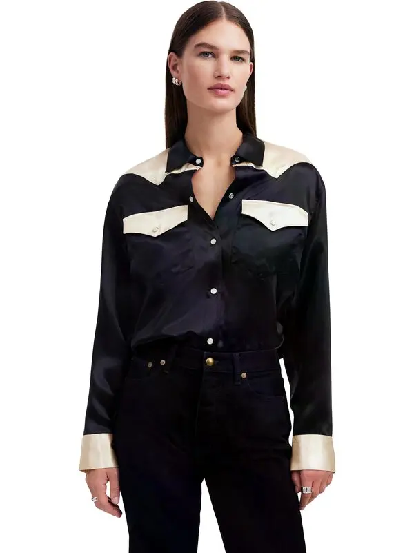 Madewell Alexa Chung For Satin Western Shirt - True Black Alabaster