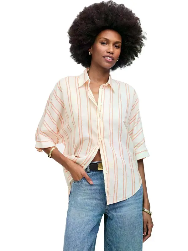 Madewell Oversized Pleated-sleeve Button-up Shirt In Stripe - Bright Flame
