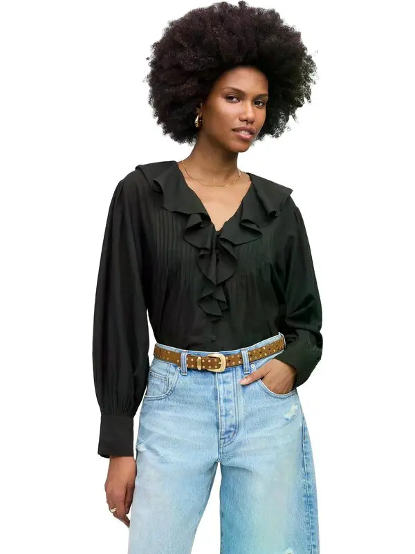 Madewell Ruffled Pintucked Long-sleeve Top - True Black