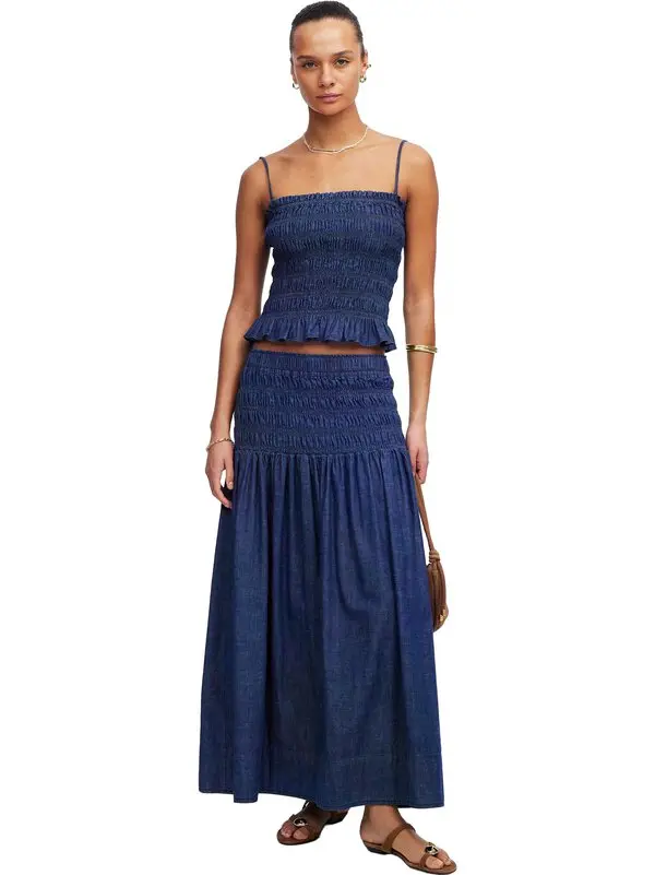 Madewell Smocked-waist Denim Midi Skirt - Rinse Wash