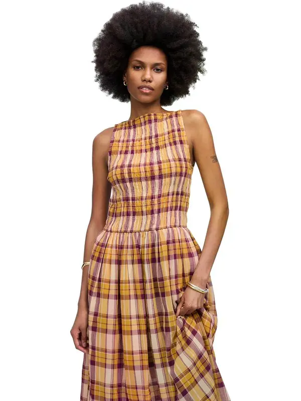 Madewell Plaid Seersucker Smocked Boatneck Maxi Dress - Afternoon Fuchsia