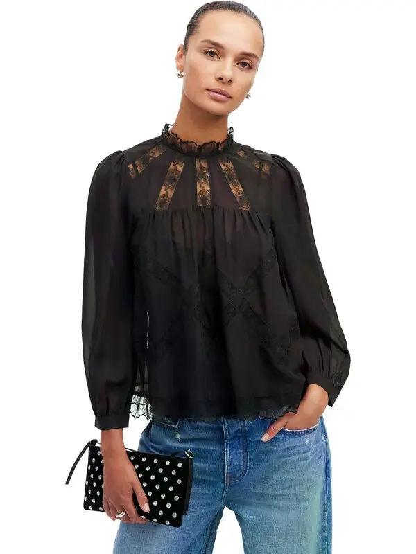 Madewell Silk Chiffon Top With Lace Insets - True Black