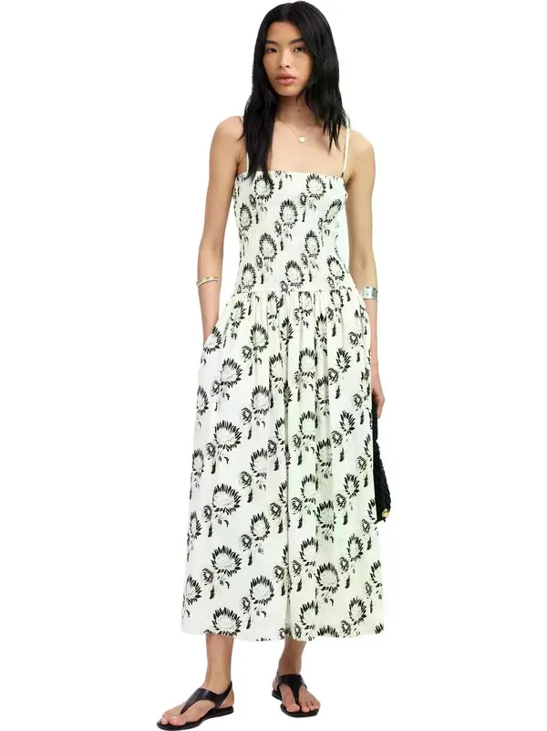Madewell Petite Poplin Smocked Maxi Dress In Floral - Graphic Sunflowers White