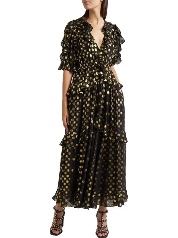 Ulla Johnson Tida Metallic Dot Silk Blend Dress - Obsidian
