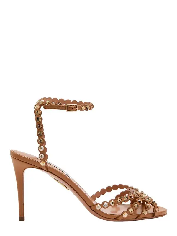 AQUAZZURA Tequila 85 Embellished Leather Sandals - Caramel