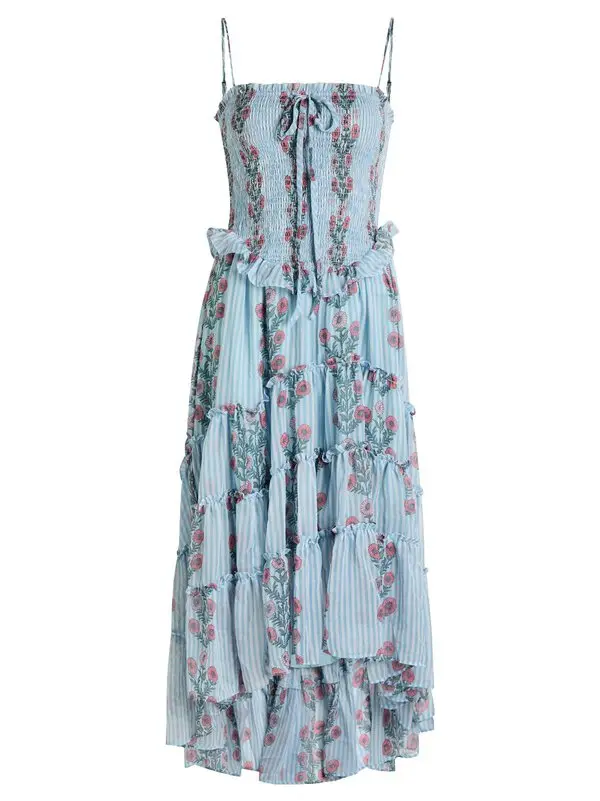 Free People Alejandra Floral Tiered Chiffon Midi Dress - Blue