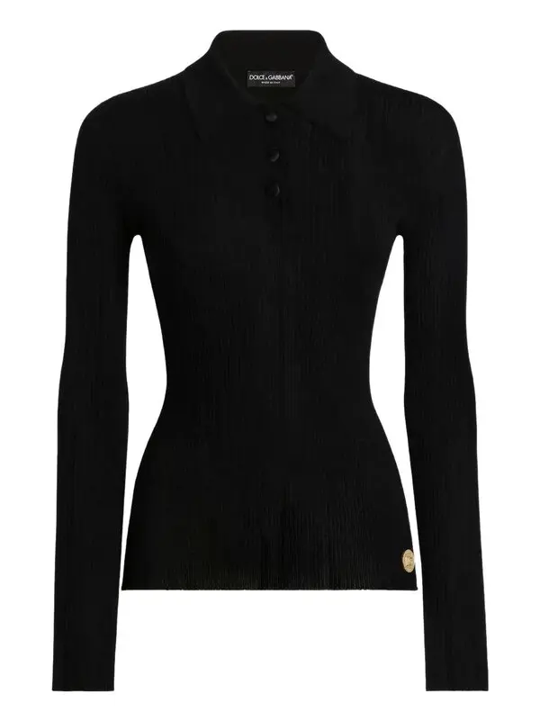 Dolce & Gabbana Ribbed Long-sleeve Polo Top - Black