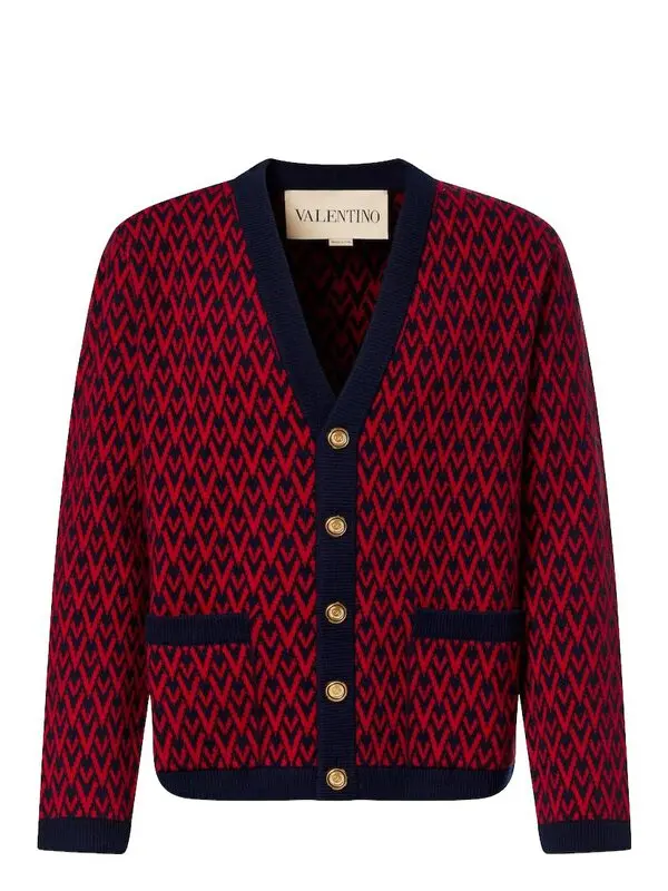 Valentino Garavani Toute La V Virgin Wool Jacquard Cardigan - Blue