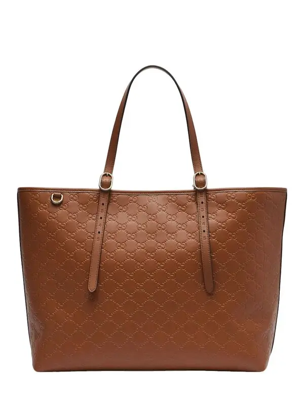 Gucci Emblem Gg Leather Tote Bag - Beige