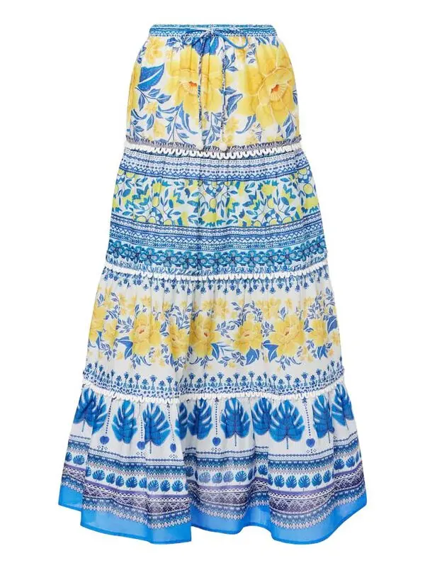 Farm Rio Zuli Printed Lace-trimmed Cotton Maxi Skirt - Multicoloured