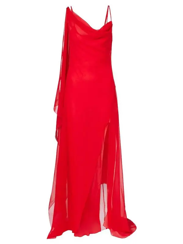 Blumarine Asymmetric Draped Silk Georgette Gown - Red
