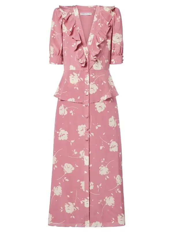 Alessandra Rich Floral Ruffled Silk Midi Dress - Pink