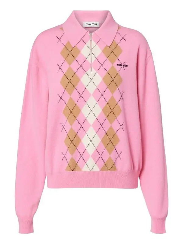 Miu Miu Argyle Cashmere Polo Sweater - Pink