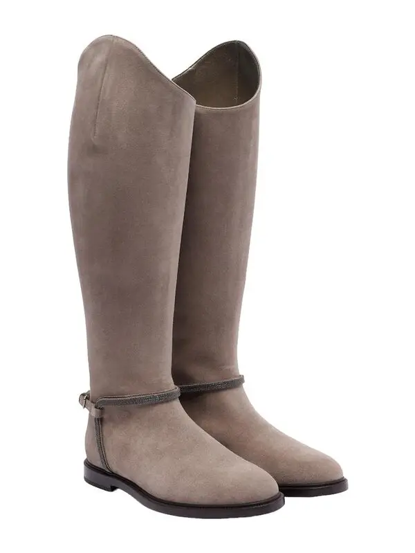 Brunello Cucinelli Monili Suede Knee-high Boots - Beige