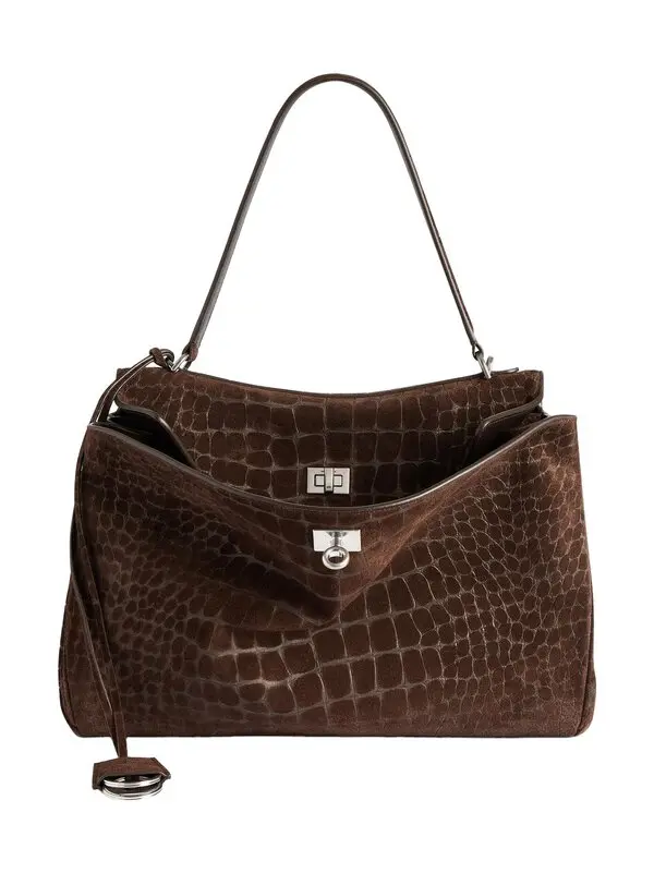 Balenciaga Rodeo Handbag Medium In Piper Crocodile Embossed Suede Calfskin - Brown