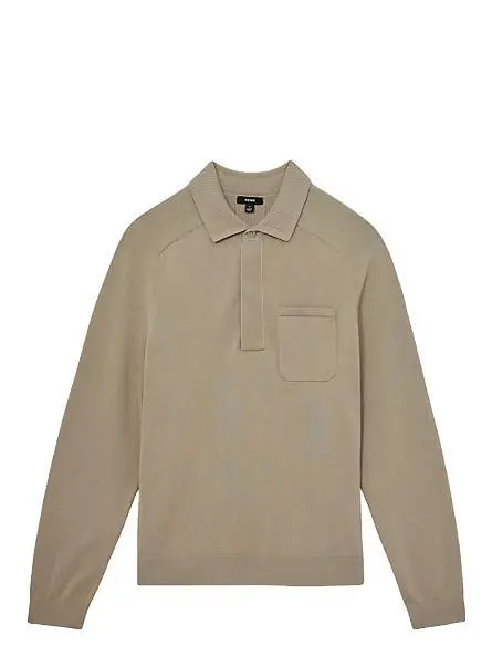 REISS Clinton Patch-pocket Long-sleeve Cotton Polo - Light Sage Green