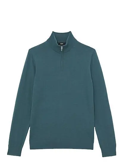 REISS Zip-neck Merino Wool Jumper - Orion Blue