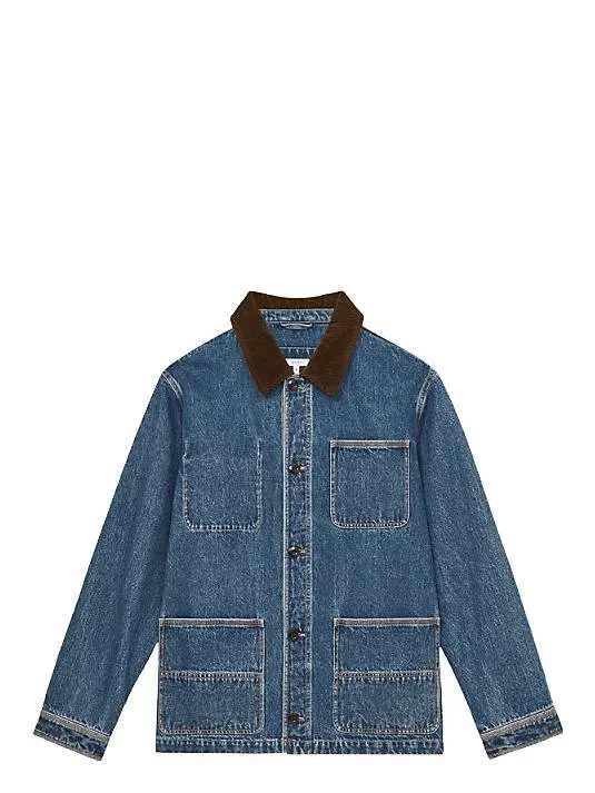 REISS Cord-collar Patch-pocket Denim Jacket - Denim Blue