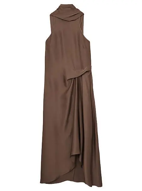 REISS Cowl-neck Satin Midi Dress - Taupe Brown