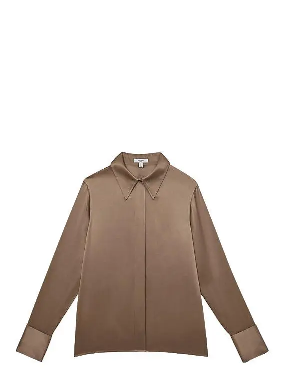 REISS Ameira Long-sleeve Silk Shirt - Taupe Brown